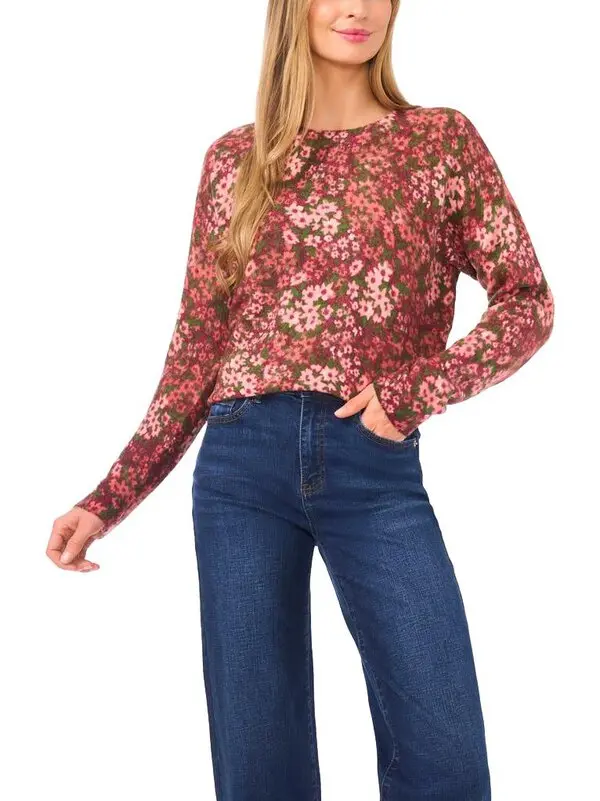 CECE DUPRAZ Floral Printed Crewneck Sweater - Burgundy Floral Multi