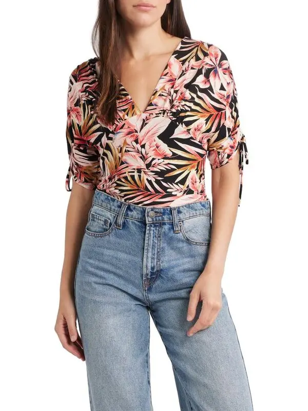Loveappella Floral Print Empire Waist Jersey Top - Black/rust
