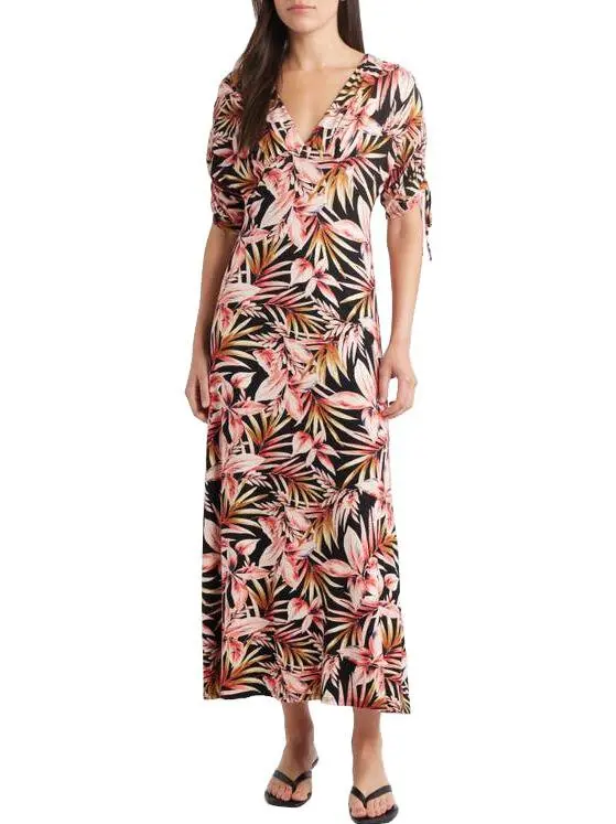 Loveappella Ruched Sleeve Empire Waist Maxi Dress - Black/rust