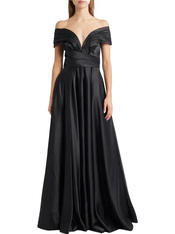 SONYA MODA Elara Plunge Neck Satin Gown - Black