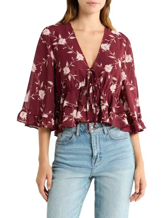 WAYF Floral Blouse With Ruffle Details - Burgundy Lattice