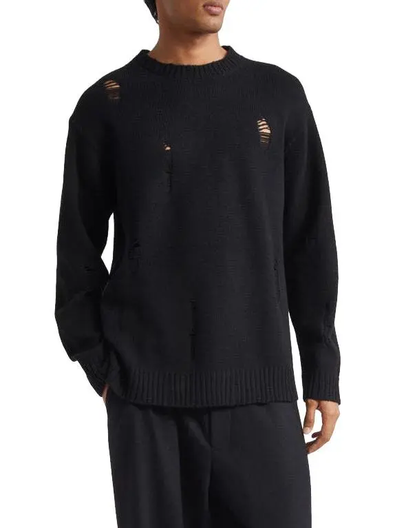 Yohji Yamamoto Distressed Wool Crewneck Sweater - Black