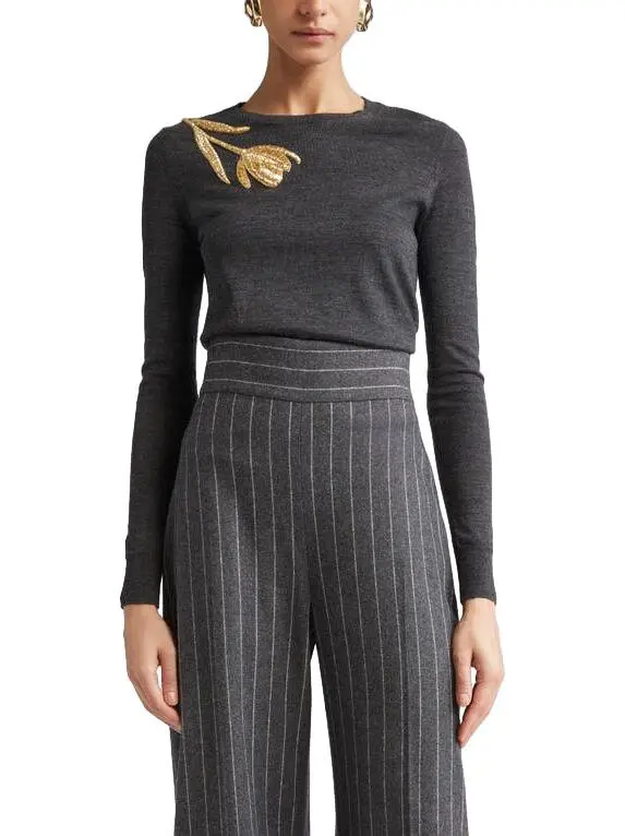 Carolina Herrera Embroidered Virgin Wool And Silk Crewneck Sweater - Charcoal Grey