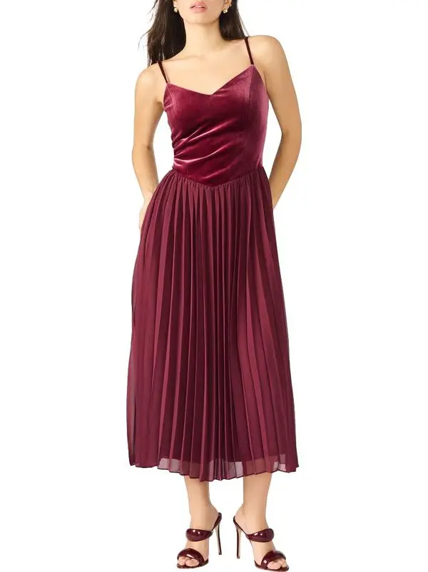 Steve Madden Velvet Bodice Pleated Midi Dress - Wine
