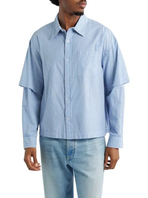 BDG URBAN OUTFITTERS Layered Stripe Cotton Button-up Shirt - Blue Stripe