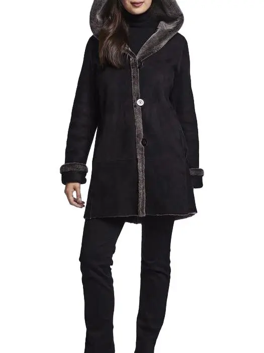 BLUE DUCK Spanish Merino Shearling Hooded Topper - Black Snow