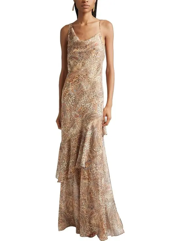 L'Agence Viola Mixed Print Tiered Gown - Brown/blue Valencia Leopard