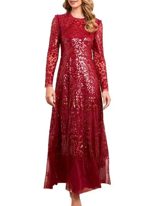 NEEDLE & THREAD Aurora Long Sleeve Gown - Cherry Red/deep Red