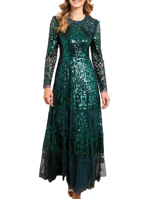 NEEDLE & THREAD Aurora Long Sleeve Gown - Emerald