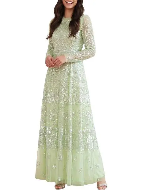 NEEDLE & THREAD Aurora Long Sleeve Gown - Peppermint