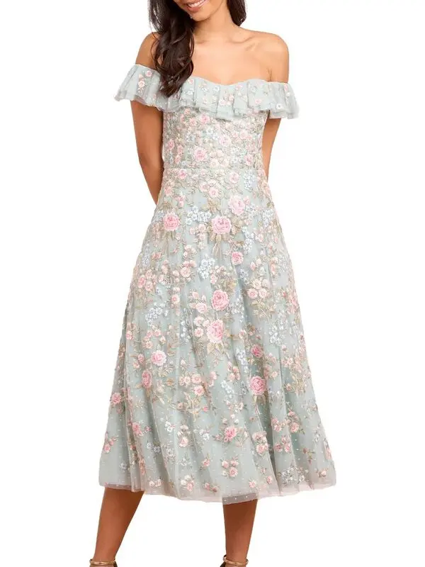 NEEDLE & THREAD Floral Embroidered Ballerina Midi Dress - French Blue
