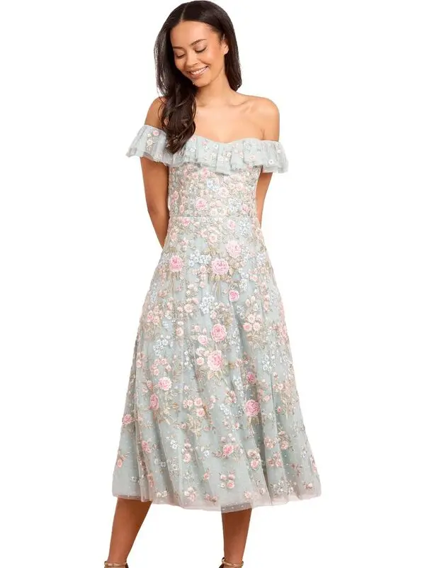 NEEDLE & THREAD Floral Embroidered Ballerina Midi Dress - French Blue