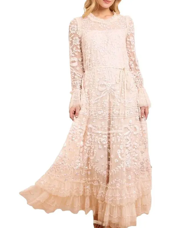 NEEDLE & THREAD Celia Long Sleeve Gown - Cream/dusk Pink