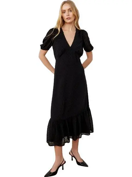 FINERY LONDON Loretta V-neck Georgette Midi Dress - Black