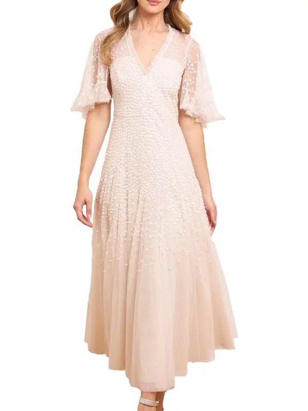 NEEDLE & THREAD Sequin Cape Ankle Gown - Cream