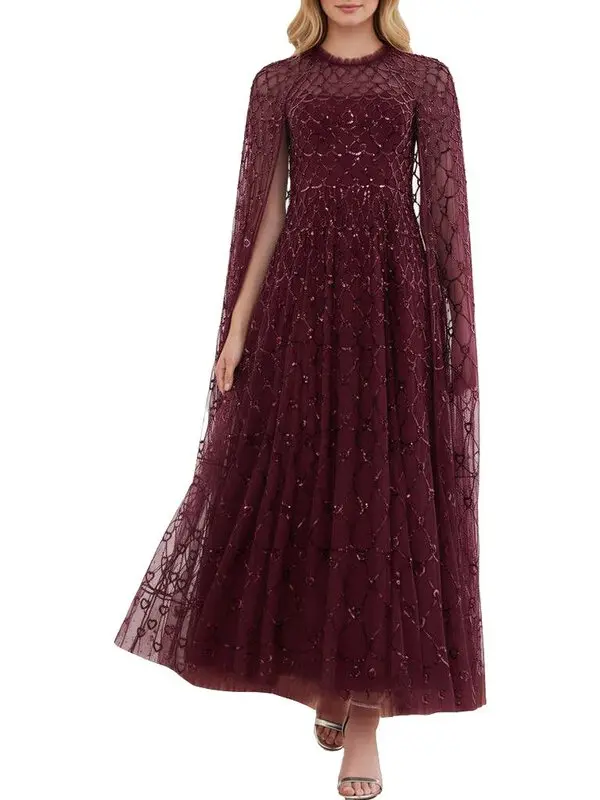 NEEDLE & THREAD Heart Lattice Cape Ankle Gown - Claret