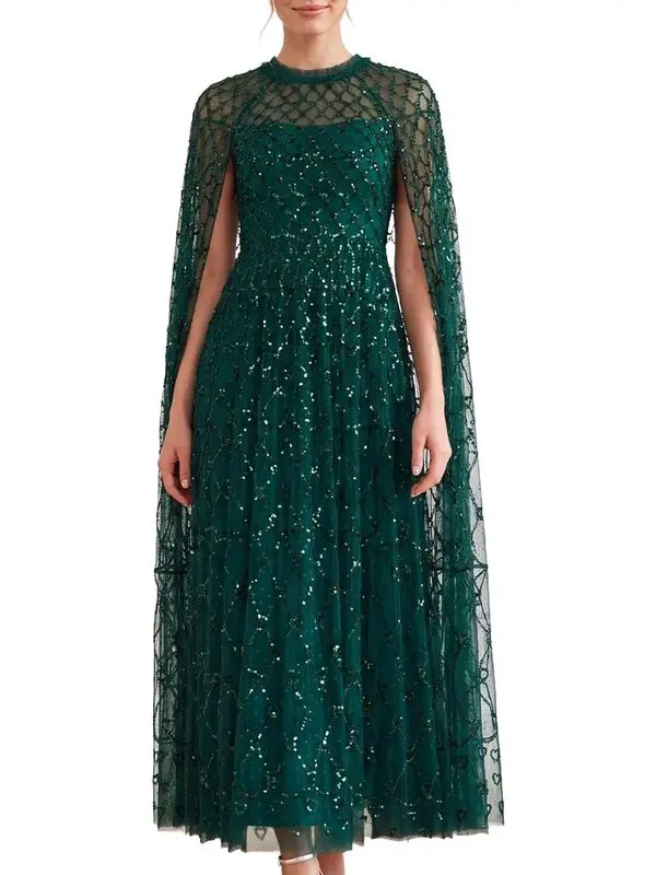 NEEDLE & THREAD Embellished Heart Lattice Cape Gown - Pine