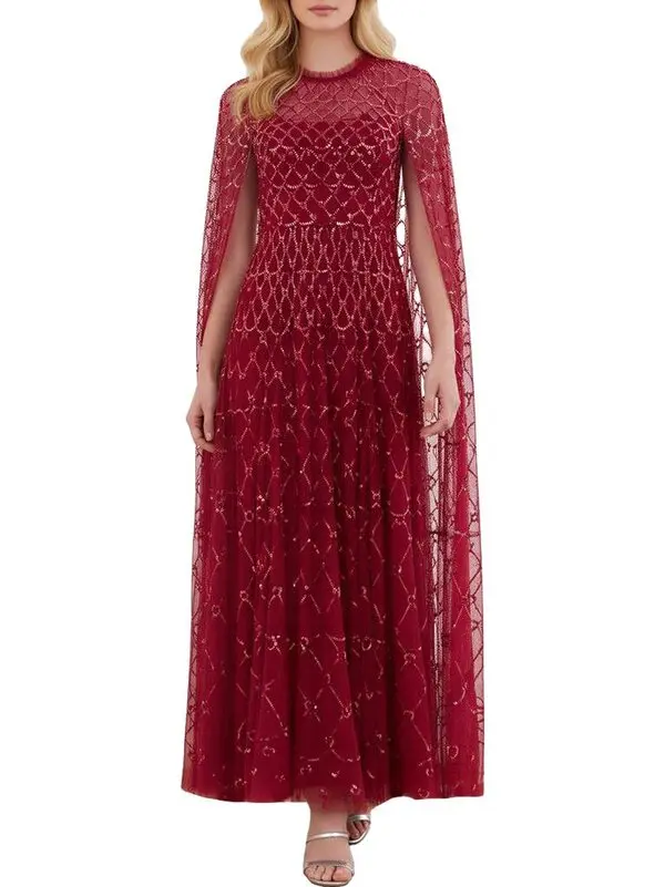 NEEDLE & THREAD Embellished Heart Lattice Cape Gown - Red