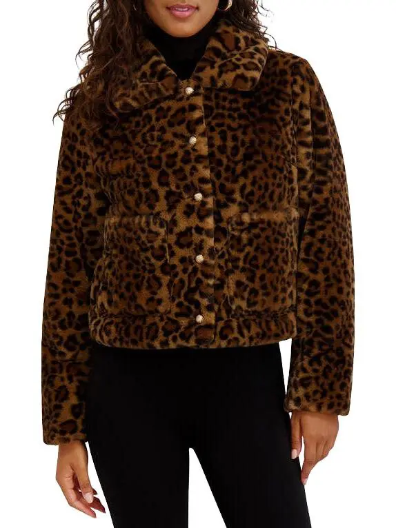 Kensie Leopard Print Faux Fur Jacket - Brown Leop