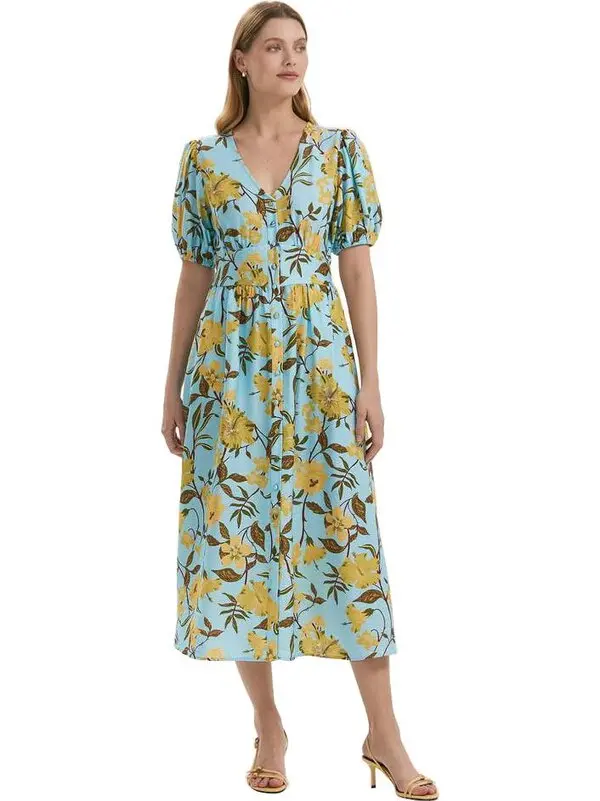 FINERY LONDON Addison Floral Crepe Midi Dress - Blue Floral