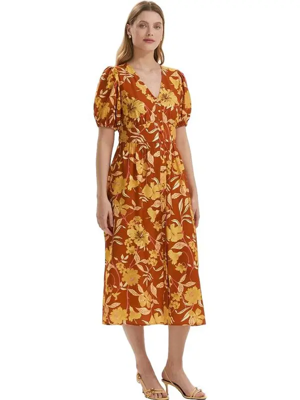 FINERY LONDON Addison Floral Linen Blend Midi Dress - Brown Floral