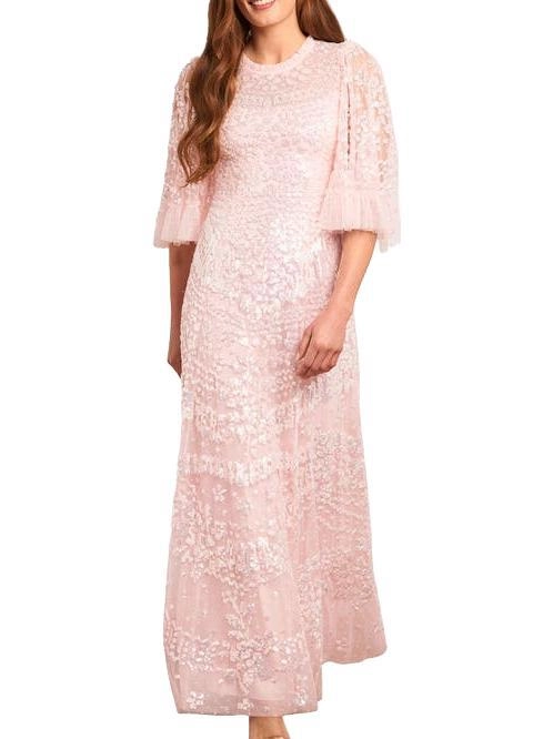 NEEDLE & THREAD Anais Sequin Maxi Gown With 3/4 Sleeves - Seashell