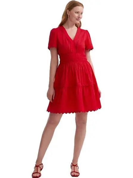 FINERY LONDON Cotton Short Dress With Ric Rac Trim - Red