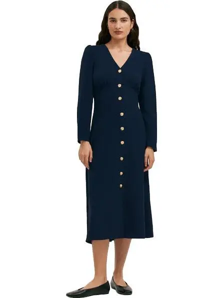 FINERY LONDON Caprice Long Sleeve Crepe Midi Dress - Navy