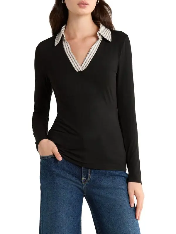 CECE DUPRAZ Mixed Media Long Sleeve Polo - Rich Black