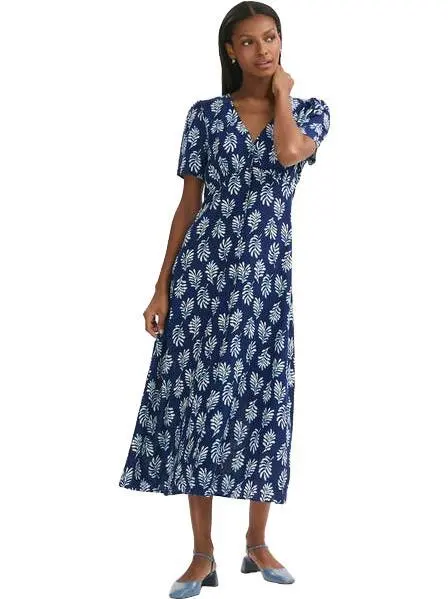 FINERY LONDON Printed Crepe Midi Dress - Navy Woodblock