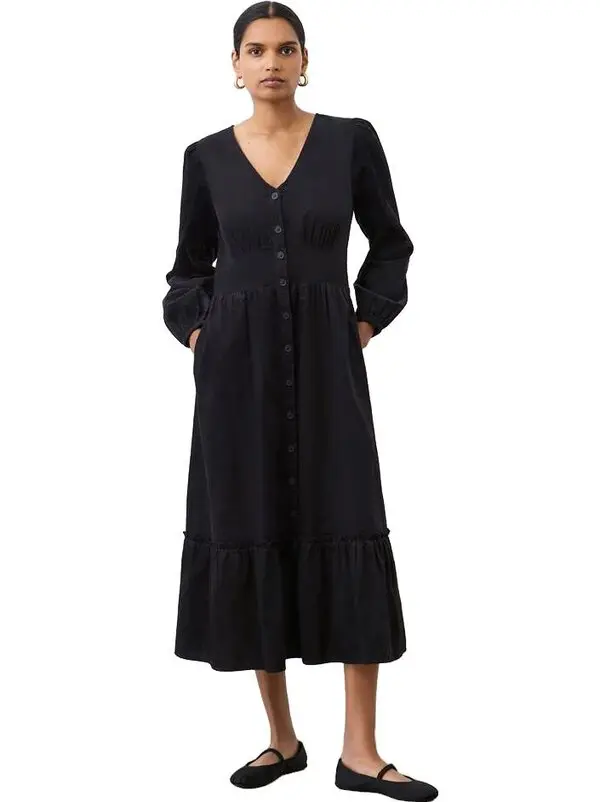 FINERY LONDON Long Sleeve Corduroy Midi Dress - Black