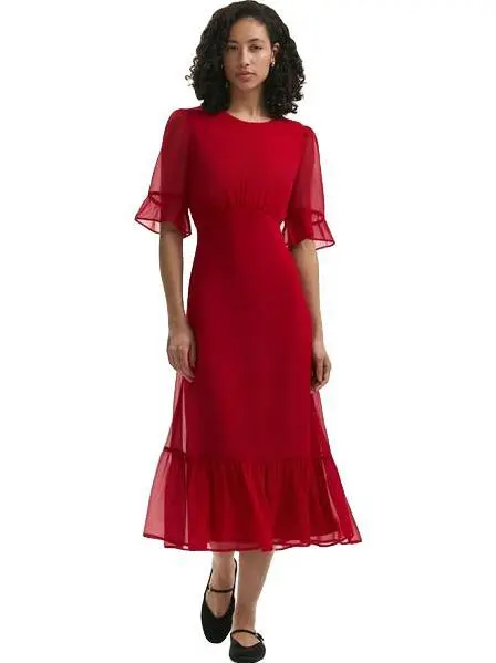 FINERY LONDON Jennifer Short Sleeve Chiffon Midi Dress - Red