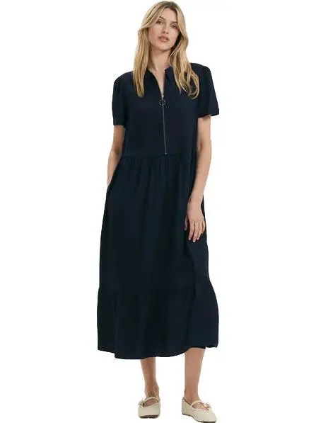 FINERY LONDON Orion Zip Front Midi Shirt Dress - Navy