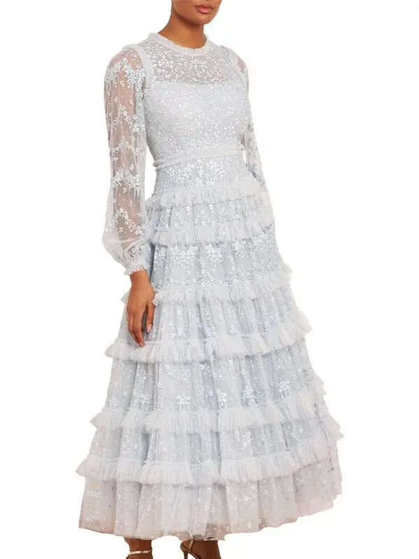 NEEDLE & THREAD Blossom Long Sleeve Lace Ankle Gown - Cloud