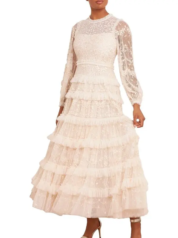 NEEDLE & THREAD Blossom Long Sleeve Lace Ankle Gown - Cream