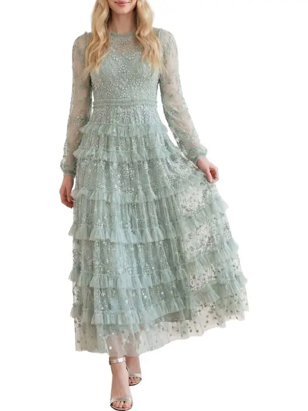 NEEDLE & THREAD Blossom Long Sleeve Lace Ankle Gown - Laurel