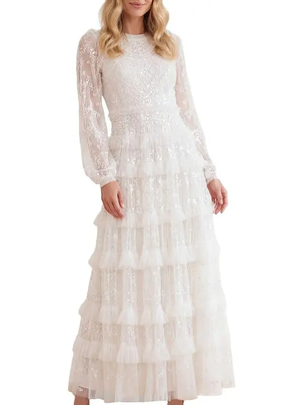 NEEDLE & THREAD Blossom Long Sleeve Lace Ankle Gown - Swan White