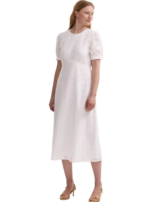 FINERY LONDON Cotton Embroidered Midi Tea Dress - White