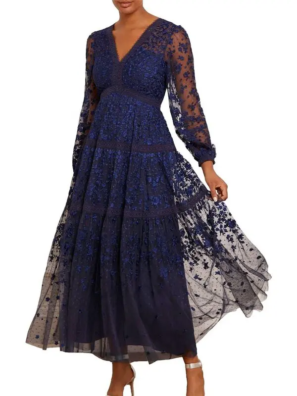 NEEDLE & THREAD Celestia Ribbon Long Sleeve V-neck Gown - Navy