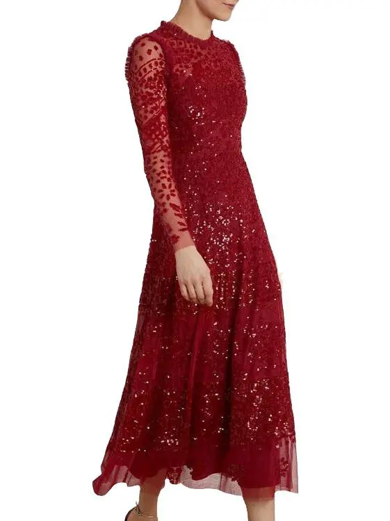 NEEDLE & THREAD Aurora Long Sleeve Ballerina Midi Dress - Cherry Red