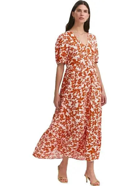 FINERY LONDON Sabine Floral Tiered Midi Dress - Orange Flowers