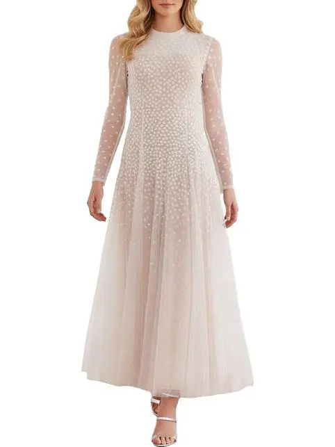 NEEDLE & THREAD Sequin Cascade Round Neck Gown - Cream/butterscotch