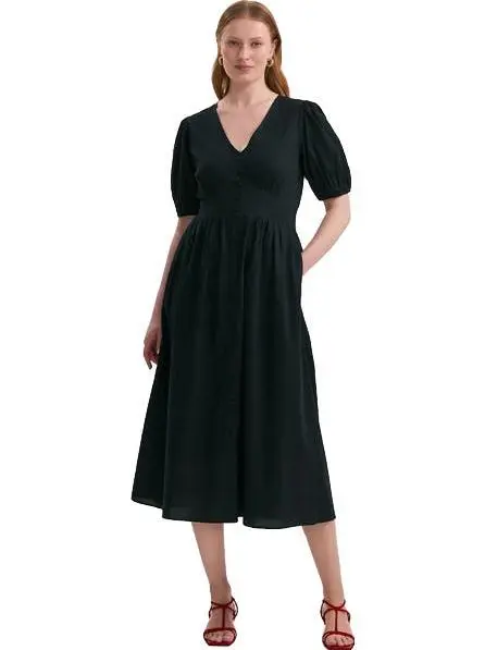FINERY LONDON Addison Cotton Midi Tea Dress - Black