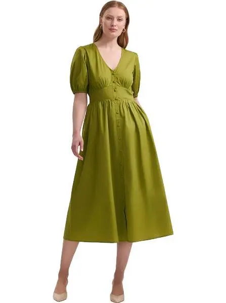 FINERY LONDON Addison Cotton Midi Tea Dress - Light Green
