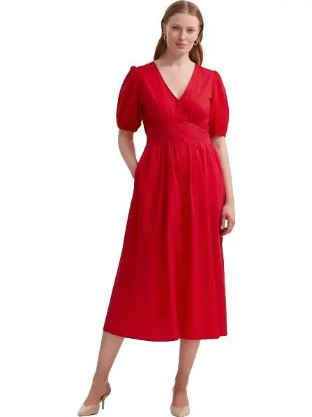 FINERY LONDON Addison Cotton Midi Tea Dress - Red
