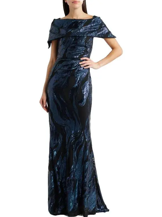 Vince Camuto Sequin Wave Off-the-shoulder Gown - Navy