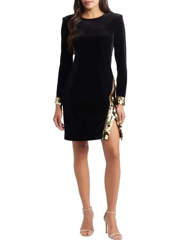 Vince Camuto Paillette Detail Long Sleeve Velvet Cocktail Dress - Black