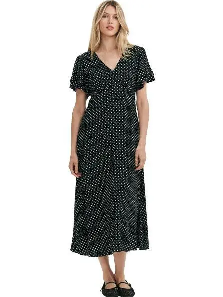 FINERY LONDON Saskia Polka Dot Midi Tea Dress - Black Spot