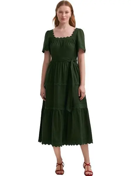 FINERY LONDON Corina Cotton Tiered Midi Dress - Dark Khaki