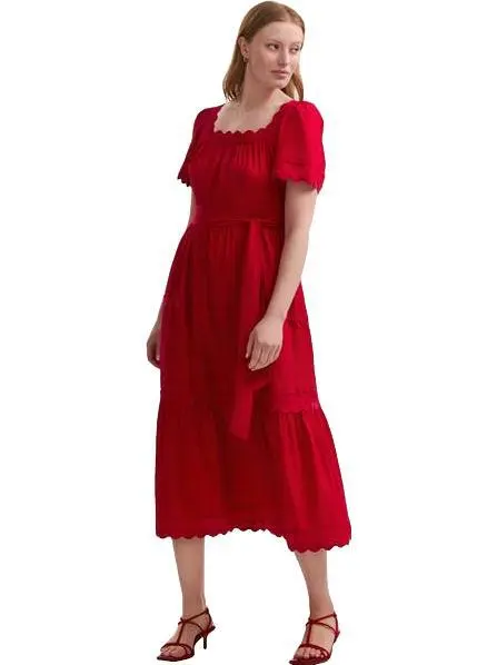 FINERY LONDON Corina Cotton Tiered Midi Dress - Red